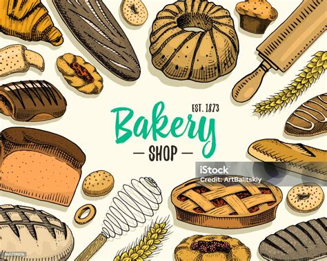 빵과 과자 도넛 긴 로프와 과일 파이 달콤한 롤빵 또는 크루아상 머핀 토스트 레이블 및 메뉴 베이커리가 게에 대 한 오래 된 스케치와 빈티지 스타일에 새겨진된 핸드 유기