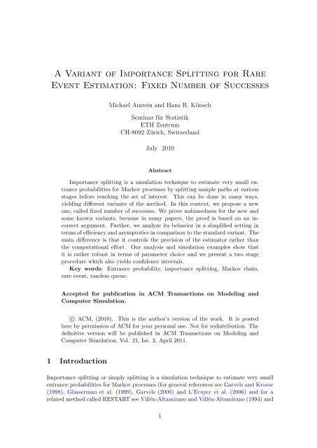 A Variant Of Importance Splitting For Rare Event Estimation Fixed