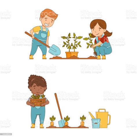 농장 세트에서 일하는 귀여운 아이들 묘목을 심고 당근을 파는 아이들은 흰색 배경에 고립 된 만화 벡터 일러스트레이션 Unspecified에 대한 스톡 벡터 아트 및 기타