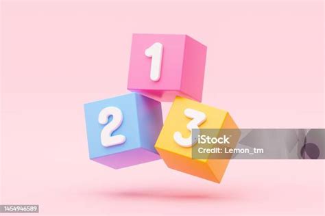 유치원 번호 123 블록 3d 아이콘은 하나 둘 세 교육 큐브 벽돌 개념 또는 학교 학습 어린이 놀이 장난감 기호와 아이 수학 카운트 상자 간단한 학습 기호의 그림 배경에