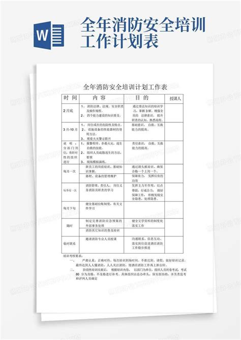全年消防安全培训工作计划表Word模板下载 编号lrwmjggz 熊猫办公