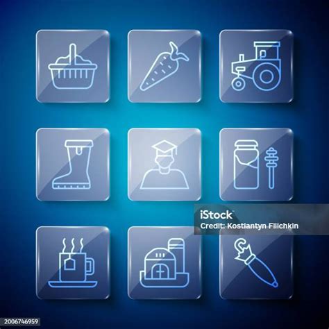 티백 농가 우산 트랙터 졸업생 및 졸업 모자 방수 고무 부츠 바구니 및 항아리 꿀 디퍼 스틱 아이콘과 함께 차 한잔을 설정합니다 벡터 가방에 대한 스톡 벡터 아트 및 기타