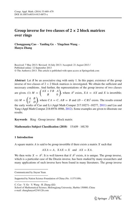 Pdf Group Inverse For Two Classes Of Block Matrices Over Rings