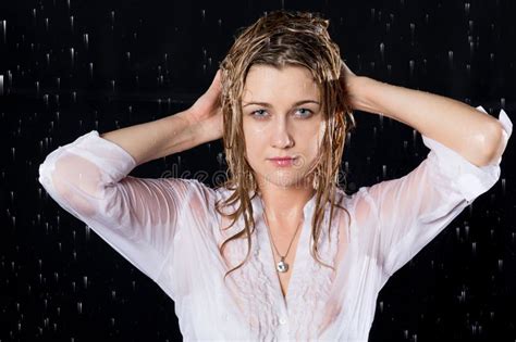 Wet Girl With Serious Face Under The Spray Of Stock Image Image Of