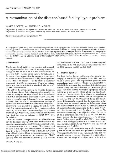 Pdf A Reexamination Of The Distance Based Facility Layout Problem