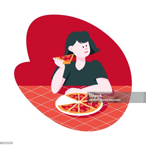 휴가 여행이나 여행 벡터 그림에서 이탈리아 피자를 먹는 테이블에 앉아 있는 여자 관광객 캐릭터 계절에 대한 스톡 벡터 아트 및 기타 이미지 Istock