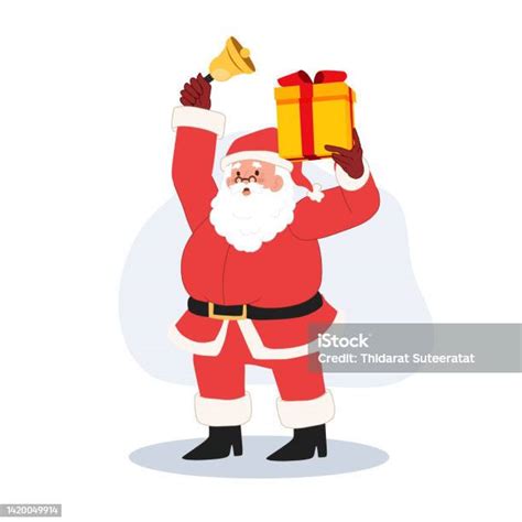 해피 산타 클로스는 선물 상자를 들고 종을 울리고 있습니다 즐거운 성탄절 벡터 일러스트레이션 겨울에 대한 스톡 벡터 아트 및