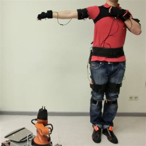 User Wearing The Xsens Inertial Motion Capture Suit And Teleoperating