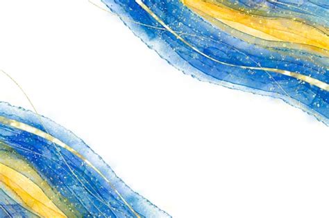 흰색 배경에 알코올 잉크 아트 파란색과 노란색 수채화 스타일의 질감이 있는 마노 같은 패턴과 황금색 곡선이 있는 추상 템플릿 파란색에 대한 스톡 벡터 아트 및 기타 이미지