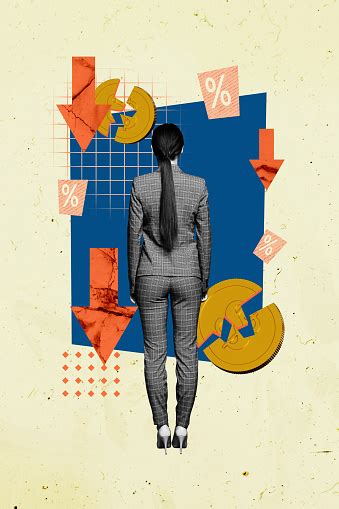 3d 콜라주 디자인 복합 트렌드 아트 워크 젊은 아가씨의 스케치 서 뒤로 화살표 아래로 위기 손실 퍼센트 현금 차트 퍼센트 파산 20 24세에 대한 스톡 사진 및 기타