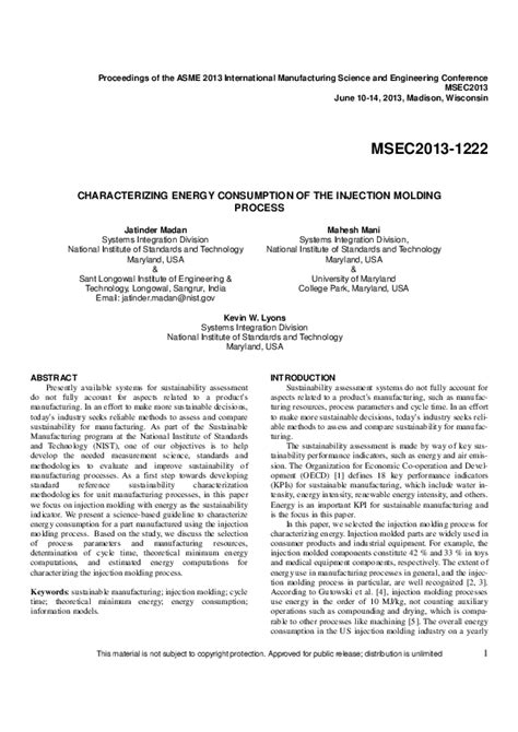 Pdf Characterizing Energy Consumption Of The Injection Molding Process