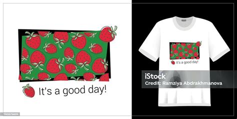티셔츠 프린트 딸기 패턴입니다 그것은 좋은 날입니다 여름 디자인입니다 벡터 스케치 손으로 그린 신선한 베리 빨간색과 녹색 그림