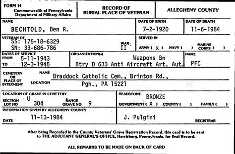 Pfc Benjamin Robert Bechtold 1920 1984 Find A Grave Memorial
