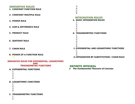 Derivative And Integration Rules DERIVATIVE RULES 1 CONSTANT FUNCTION RULE 2 CONSTANT