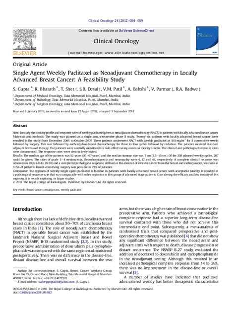 Pdf Single Agent Weekly Paclitaxel As Neoadjuvant Chemotherapy In Locally Advanced Breast