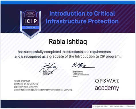 rabia ishtiaq on linkedin certificate cip cybersecurity opswat icip