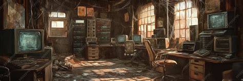 A Dusty And Forgotten Computer Lab With Old Monitors Keyboards And Workstations This Image R