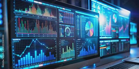 a futuristic computer screen displays intricate data visualizations graphs and charts with