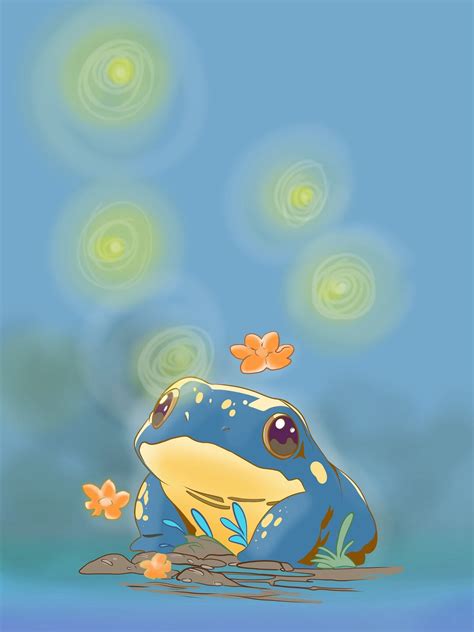 Cute Frog On A Blue Background Etsy