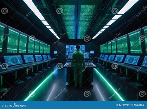 Futuristic High Tech Control Room With Data Screens And Green Holograms