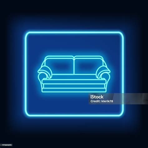 소파와 네온 사각형 프레임 빛나는 간판 디자인 벡터 일러스트레이션 3차원 형태에 대한 스톡 벡터 아트 및 기타 이미지 3차원 형태 가구 가정 생활 Istock