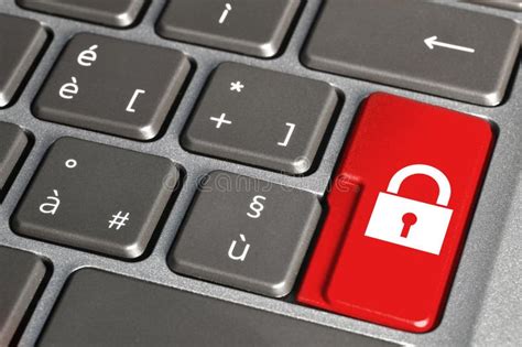 Red Security Button On The Keyboard Padlock Symbol On Red Button Of