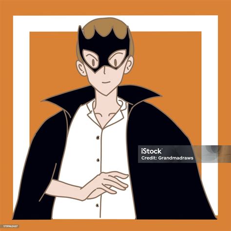 할로윈 파티를 위해 망토와 박쥐 가면을 쓴 남자 슈퍼히어로 테마의 제복을 입은 놀이공원 직원 손으로 그린 평면 만화 캐릭터 벡터 그림 고딕 양식에 대한 스톡 벡터 아트 및