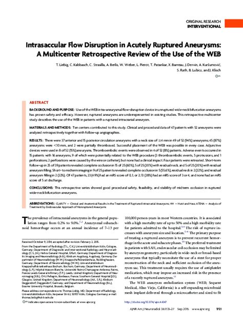 Pdf Intrasaccular Flow Disruption In Acutely Ruptured Aneurysms A Multicenter Retrospective