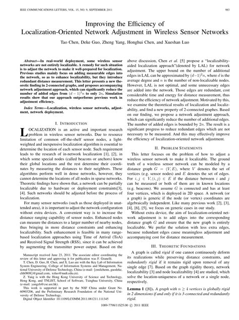 Pdf Improving The Efficiency Of Localization Oriented Network Adjustment In Wireless Sensor