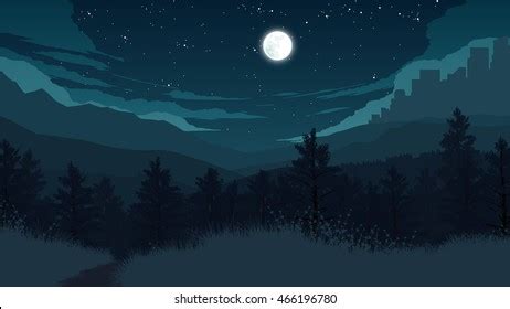 Forest Landscape Flat Color Illustration Night Stock Vector Royalty