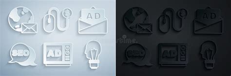 Set Advertising Seo Optimization Light Bulb With Concept Of Idea And Earth Globe Mail Icon