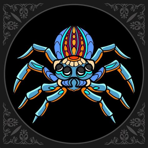 검은 배경에 고립 된 다채로운 거미 Zentangle 예술 프리미엄 벡터