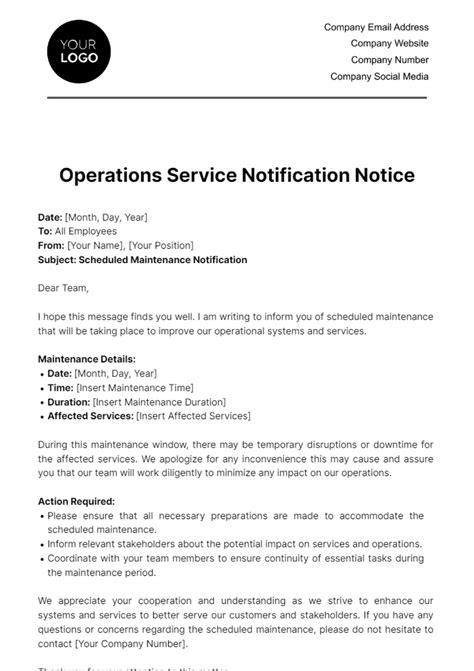 Free Operations Service Notification Notice Template To Edit Online