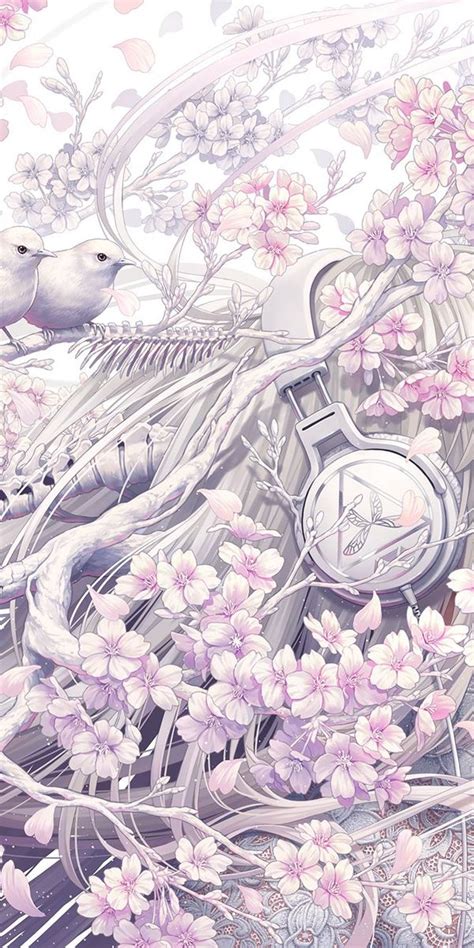 Обои на рабочий стол Аниме Птицы Наушники Цветок Девочка Микрофон Длинные Волосы Седые