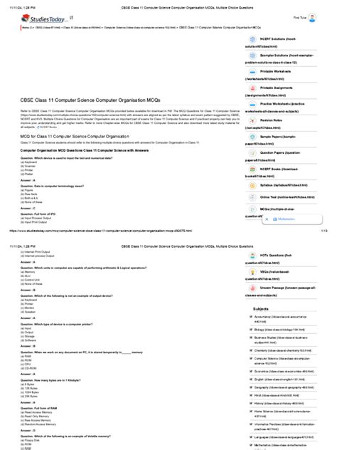 Cbse Class 11 Computer Science Computer Organisation Mcqs Multiple Choice Questions Pdf