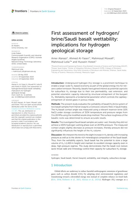Pdf First Assessment Of Hydrogen Brine Saudi Basalt Wettability Implications For Hydrogen