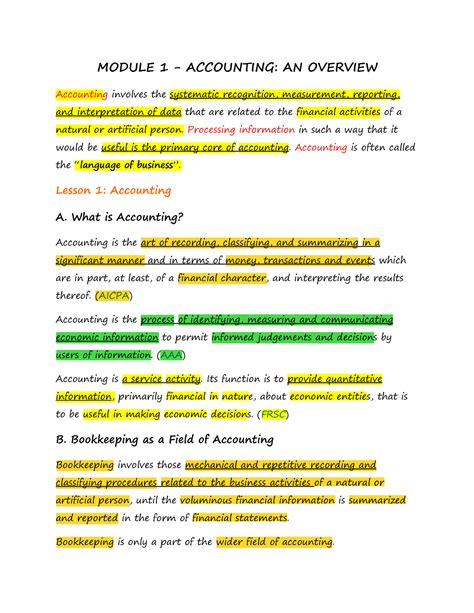 Module 1 Lecture Notes 1 Module 1 Accounting An Overview Accountinginvolves The