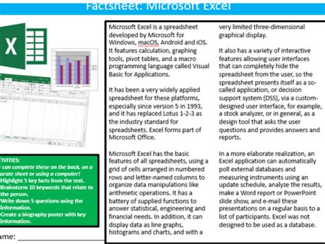 Microsoft Excel Factsheet Worksheet Ict Computing Starter Keywords Activity Keywords Ks3 Gcse