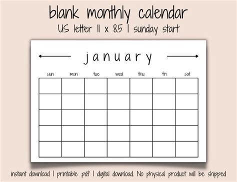 Printable Monthly Calendar Landscape Blank Template Etsy
