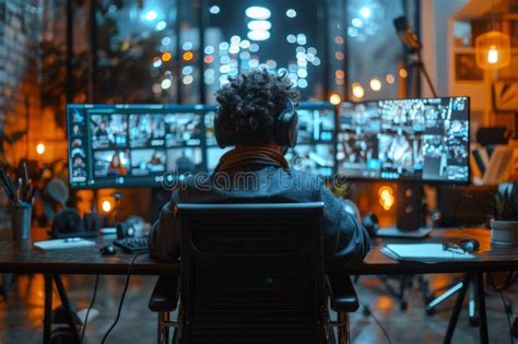person wearing headphones working on multiple monitors in a dimly lit office stock illustration