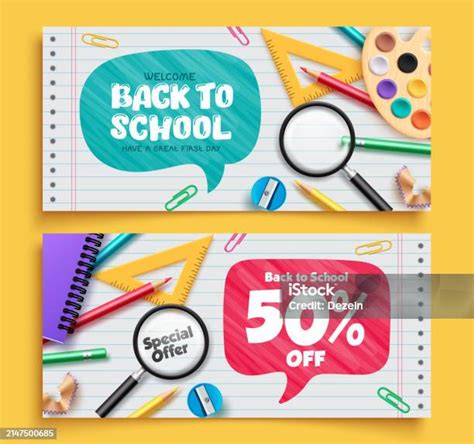 학교 텍스트 벡터 배너 세트 디자인으로 돌아 가기 신학기 환영 인사 및 교육 요소 자료 및 품목이 포함된 판매 텍스트 가격표에