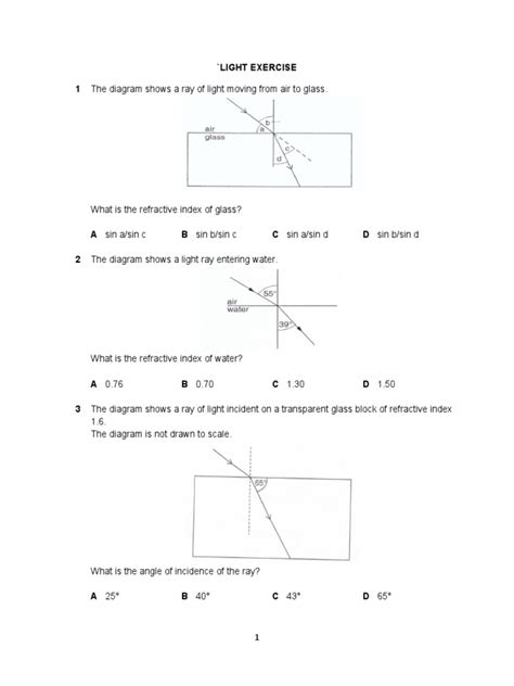 Light Exercise Pdf Optics Refraction