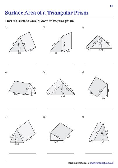 Surface Area Of A Triangular Prism Worksheets