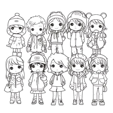 시트 개요 스케치 드로잉에 겨울 색상의 모든 종류의 아이들 벡터 애니메이션 캐릭터 그리기 애니메이션 캐릭터 개요 애니메이션 캐릭터 스케치 Png 일러스트 및 벡터 에