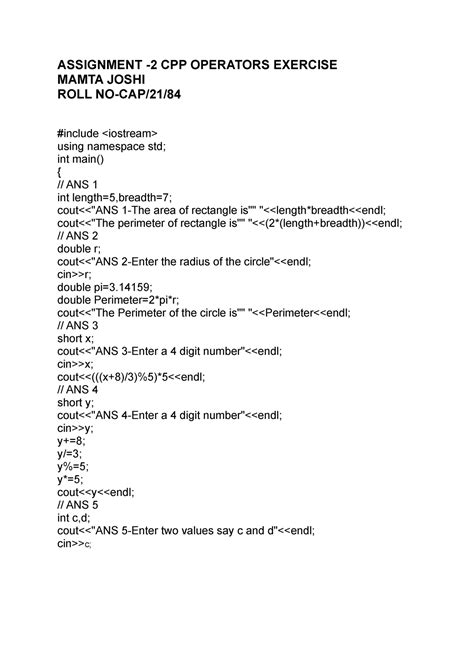 Assignment Operators Helpful Assignment 2 Cpp Operators Exercise Mamta Joshi Roll No Cap21