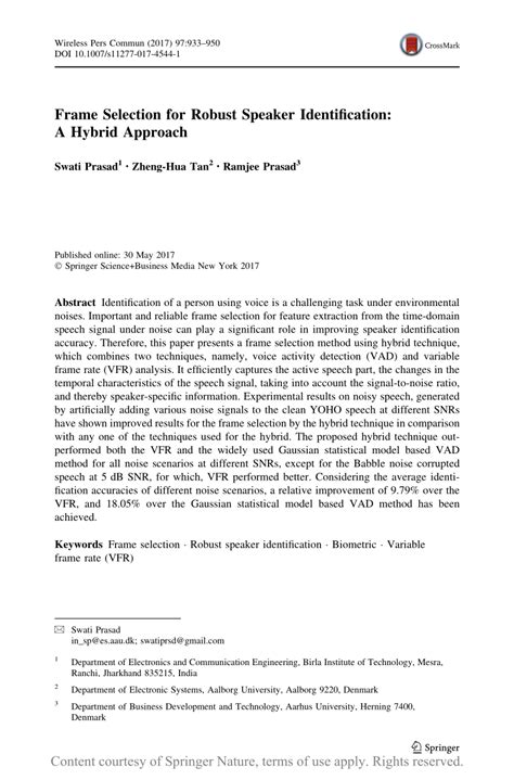 Frame Selection For Robust Speaker Identification A Hybrid Approach Request Pdf