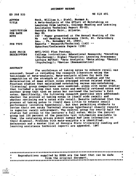 Pdf A Meta Analysis Of The Effect Of Notetaking On Learning From Lecture College Reading And