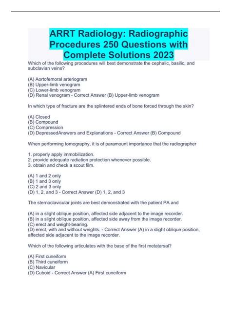 ARRT Radiology Radiographic Procedures 250 Questions With Complete Solutions 2023 Arrt