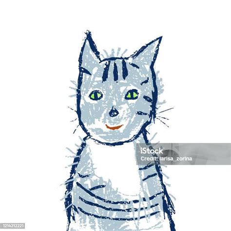 재미 미소 회색 또는 파란색 고양이 크레용 파스텔 분필 또는 연필 예술 낙서 스트로크 고양이 새끼에 대한 스톡 벡터 아트 및