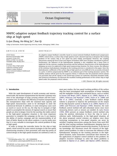 Pdf Nnffc Adaptive Output Feedback Trajectory Tracking Control For A Surface Ship At High